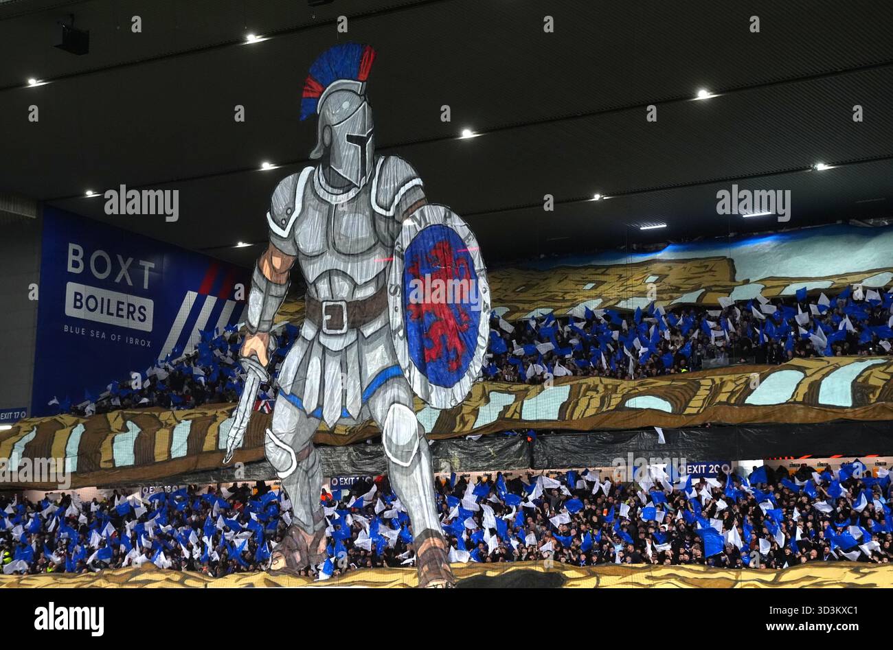 Rangers fans in the stands hold up a knight tifo ahead of the UEFA ...
