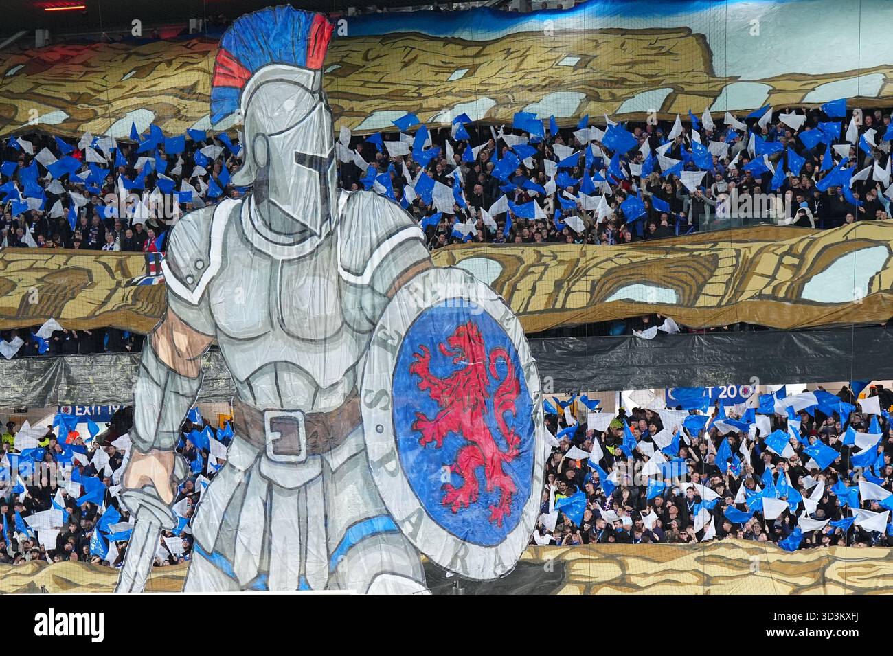 Rangers fans in the stands hold up a tifo during the UEFA Europa League ...