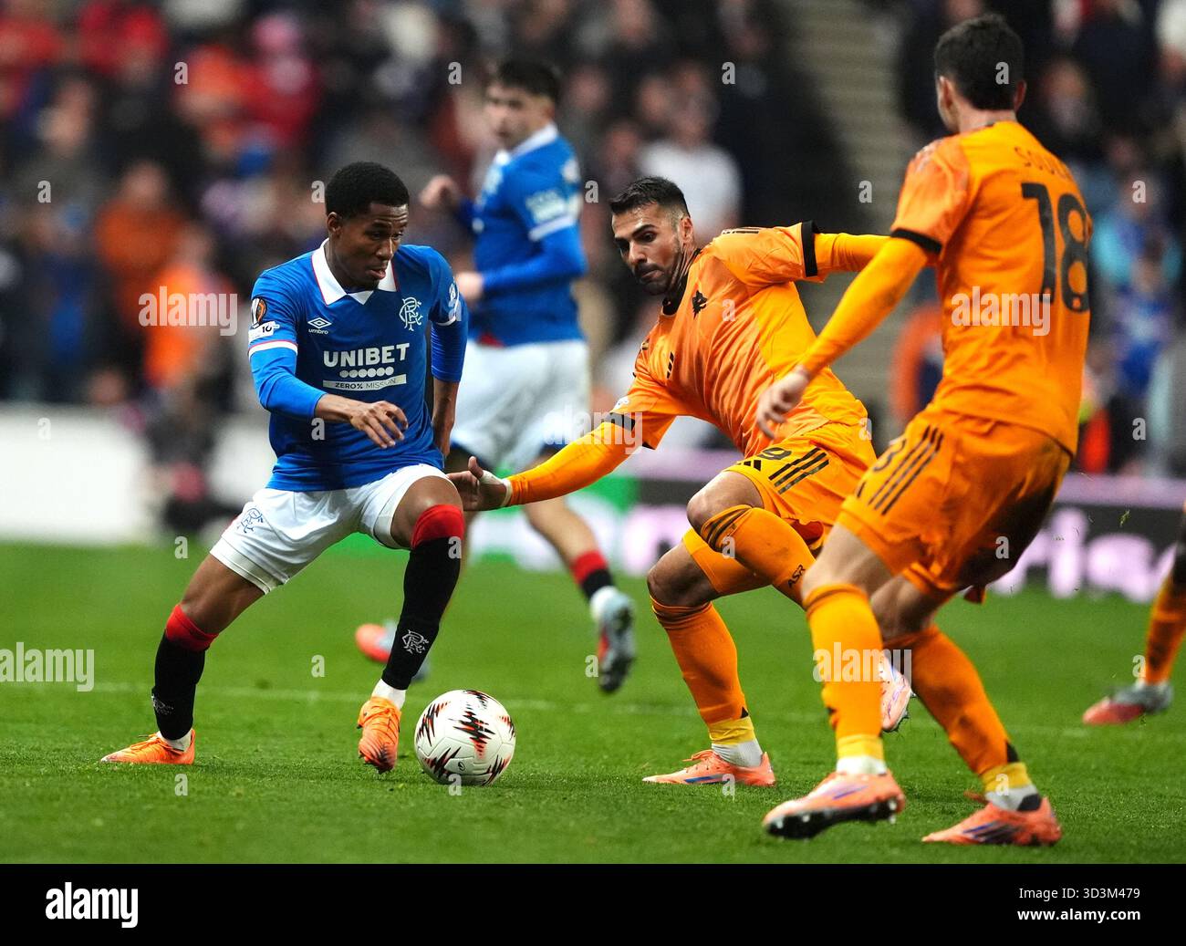 Rangers' Jayden Meghoma on the ball during the UEFA Europa League match ...