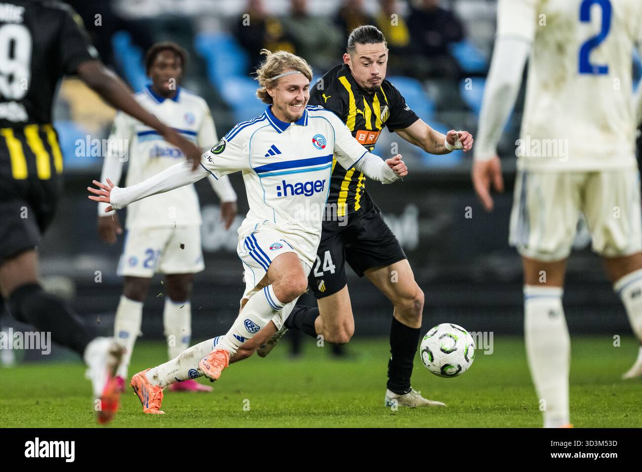 251106 Sebastian Nanasi of Strasbourg and Amor Layouni of Häcken during ...