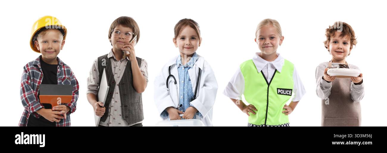 Cute children pretending themselves as workers of different occupations ...