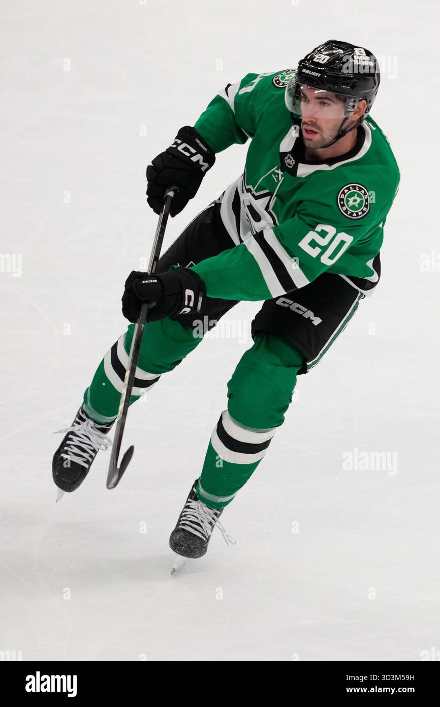Dallas Stars' Kyle Capobianco makes a pass during an NHL hockey game ...