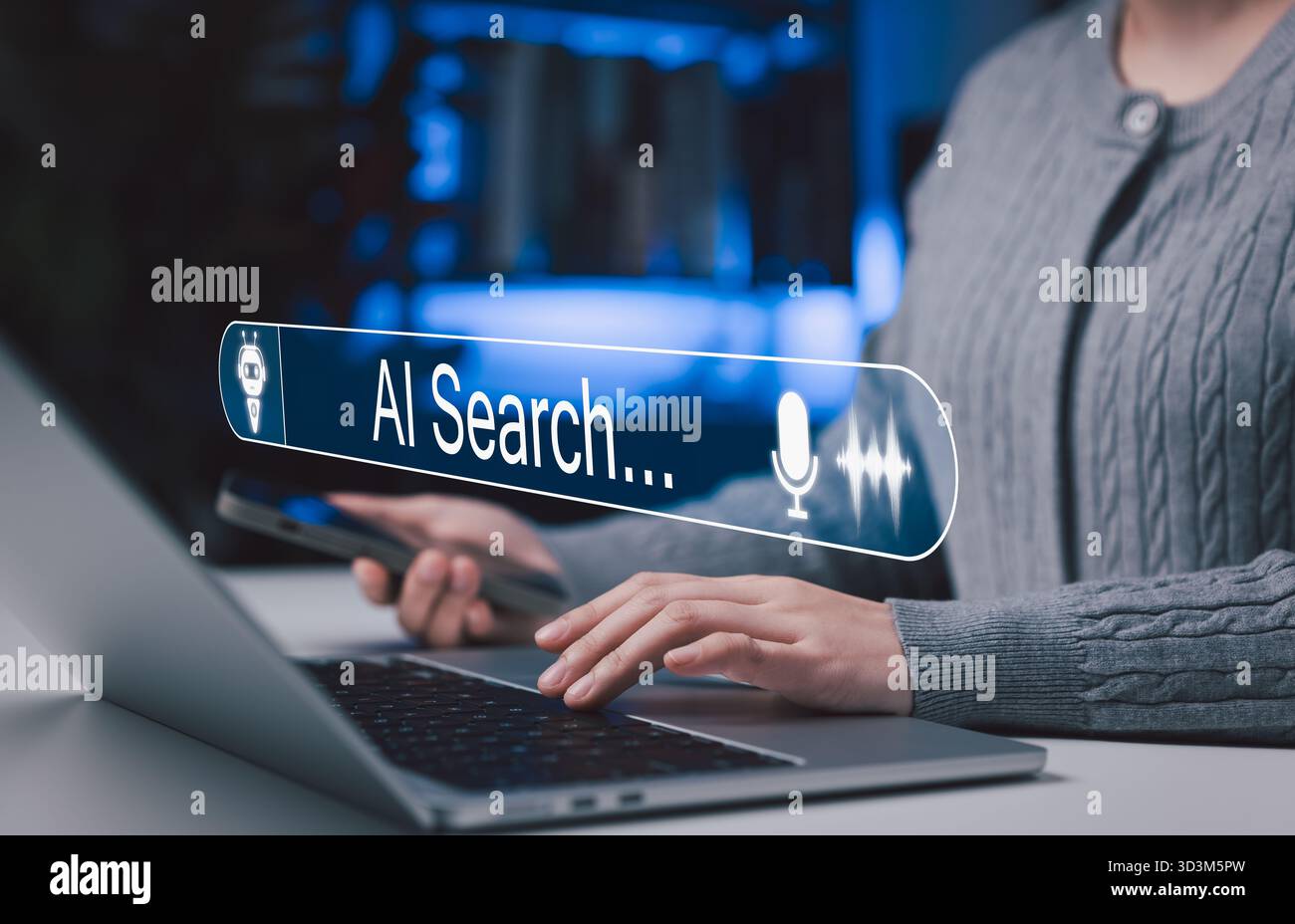 AI search and voice assistant technology concept. Person using laptop ...