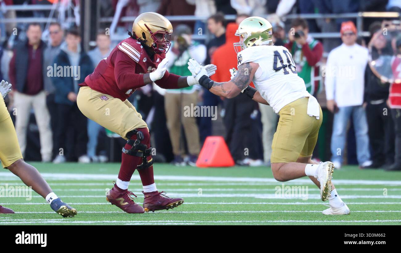 Boston College offensive lineman Jude Bowry, left, and Notre Dame ...