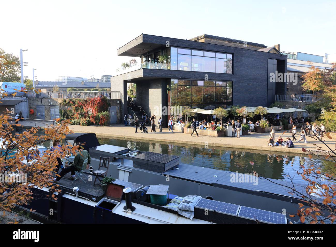 Lighterman gastro restaurant from across Regents Canal, and the barge ...