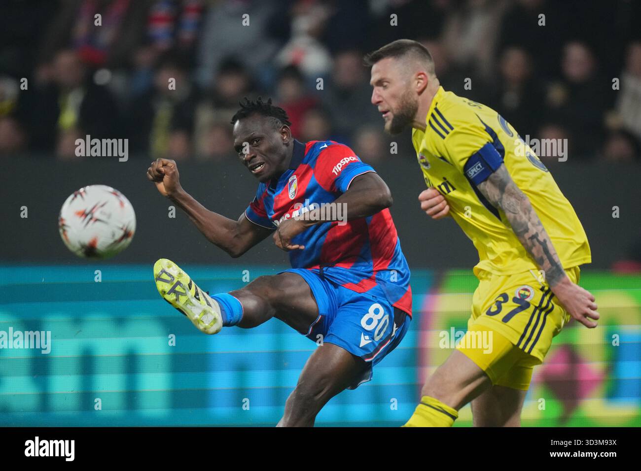 Plzen's Prince Kwabena Adu, left, attempts a shot at goal in front of ...