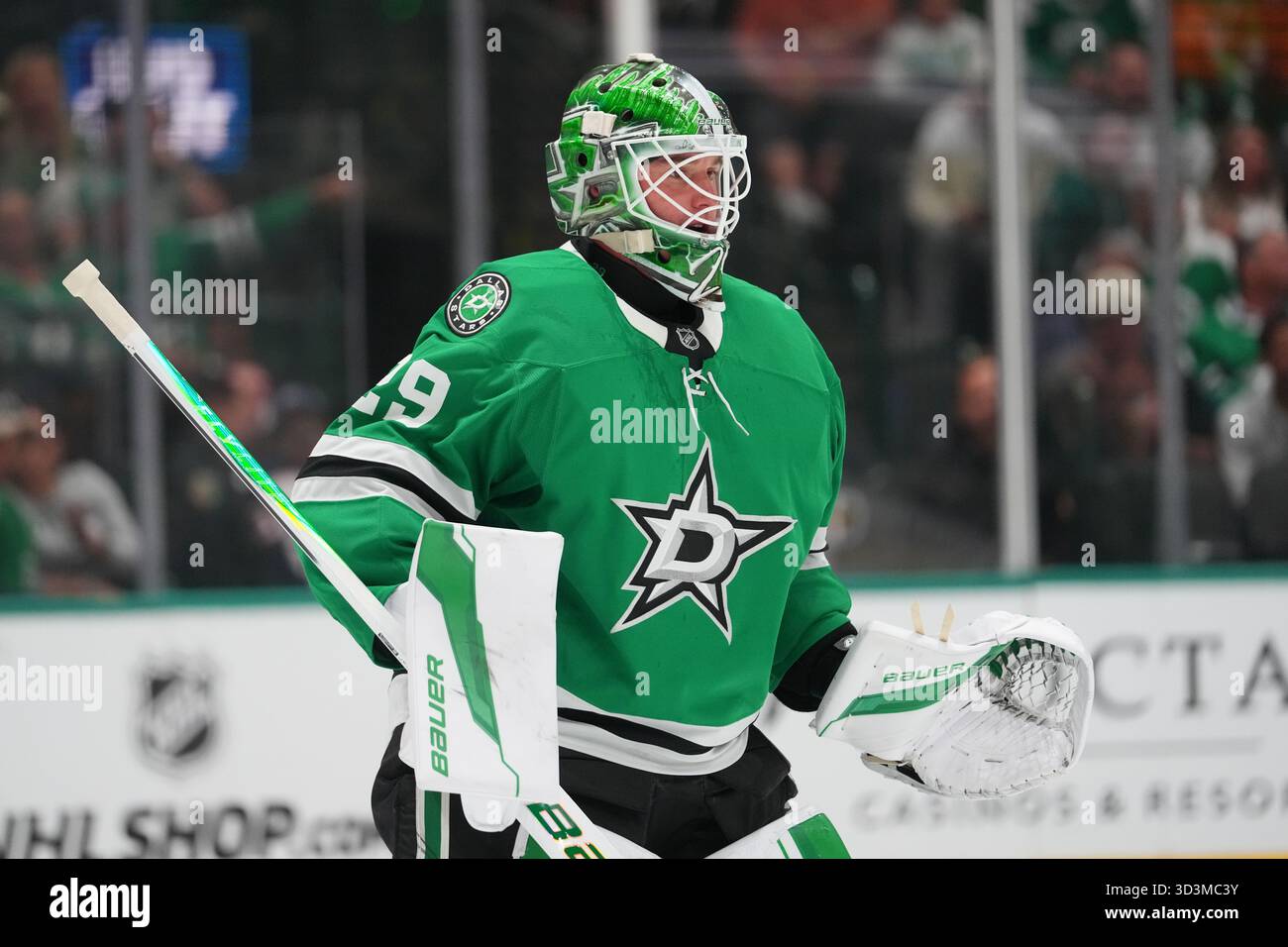 Dallas Stars goaltender Jake Oettinger defends his net against the ...