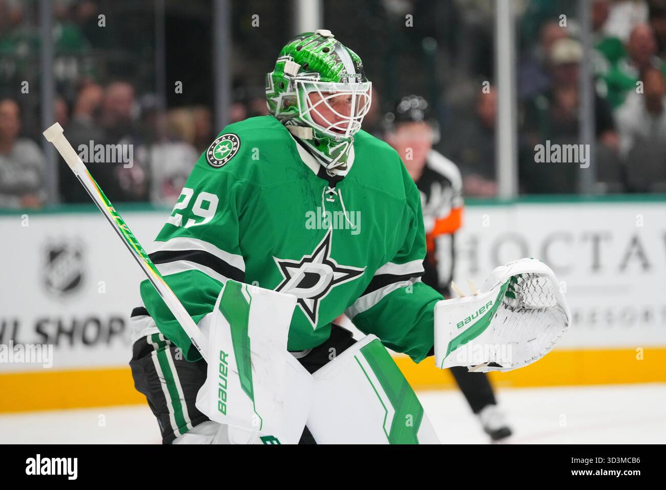 Dallas Stars goaltender Jake Oettinger defends his net against the ...