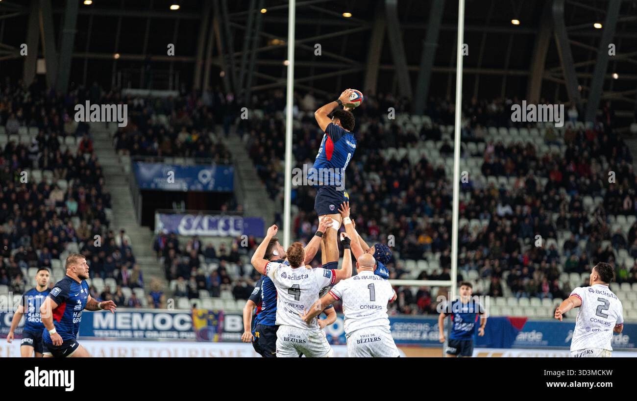 Mathis Barret (8 Grenoble) in action during The French Rugby Union ...