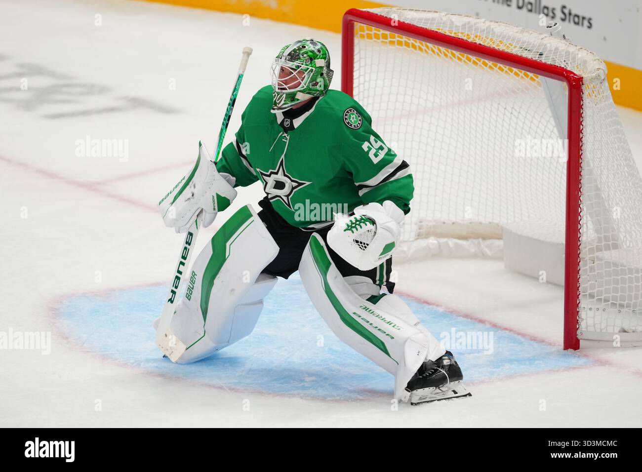 Dallas Stars goaltender Jake Oettinger defends his net against the ...