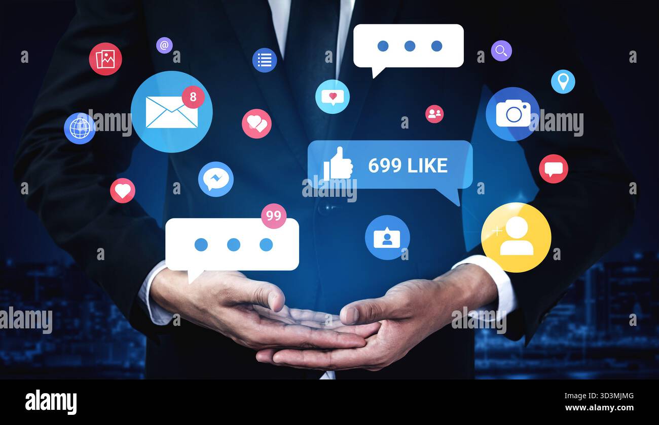 Multiple social media icons, likes, messages, and notifications ...
