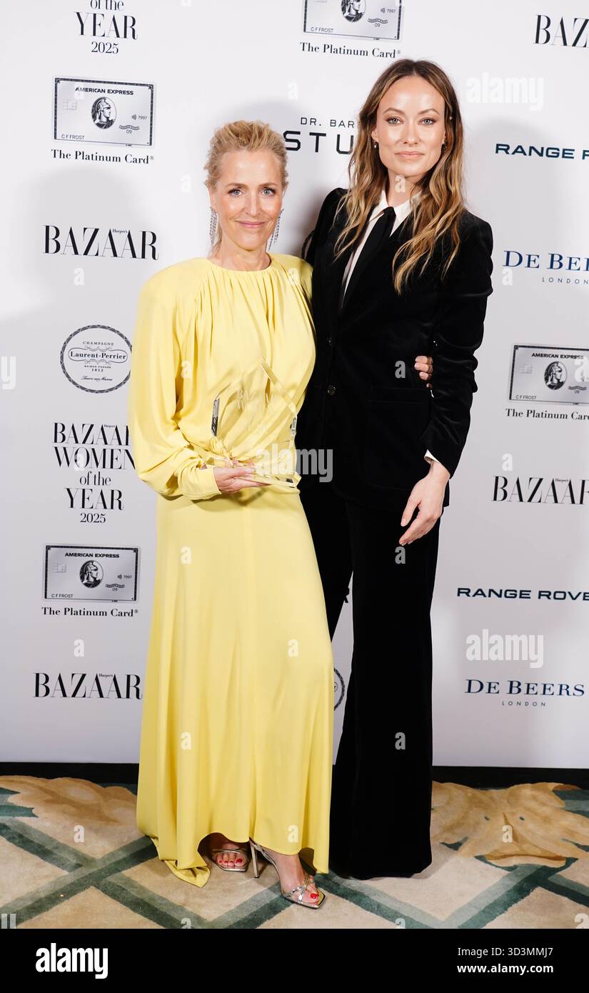 Gillian Anderson with her Entrepreneur Award, presented by Olivia Wilde ...