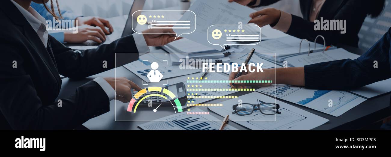 A professional business meeting focusing on feedback and performance ...