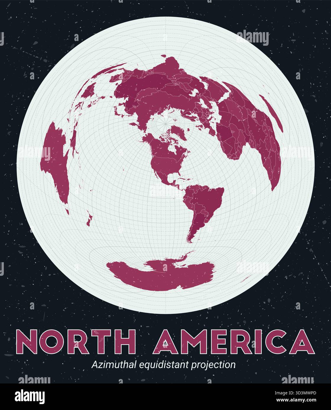 North America. World map. Azimuthal equidistant projection centered to ...
