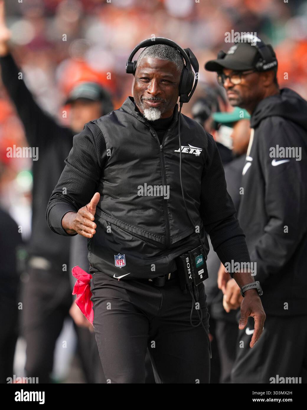 New York Jets head coach Aaron Glenn reacts during an NFL football game ...