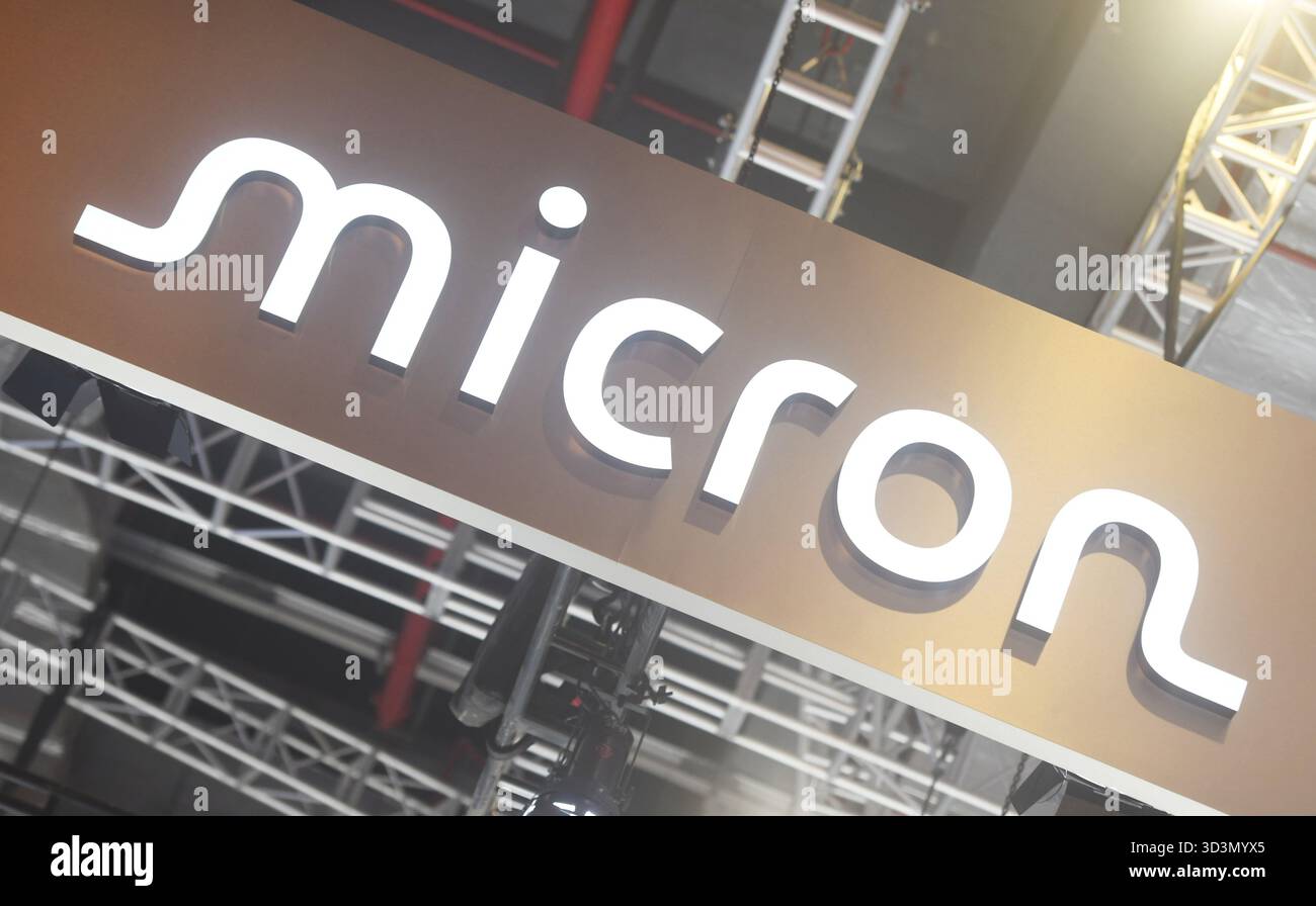 The company logo at the booth of Micron, a U.S..-based manufacturer of ...