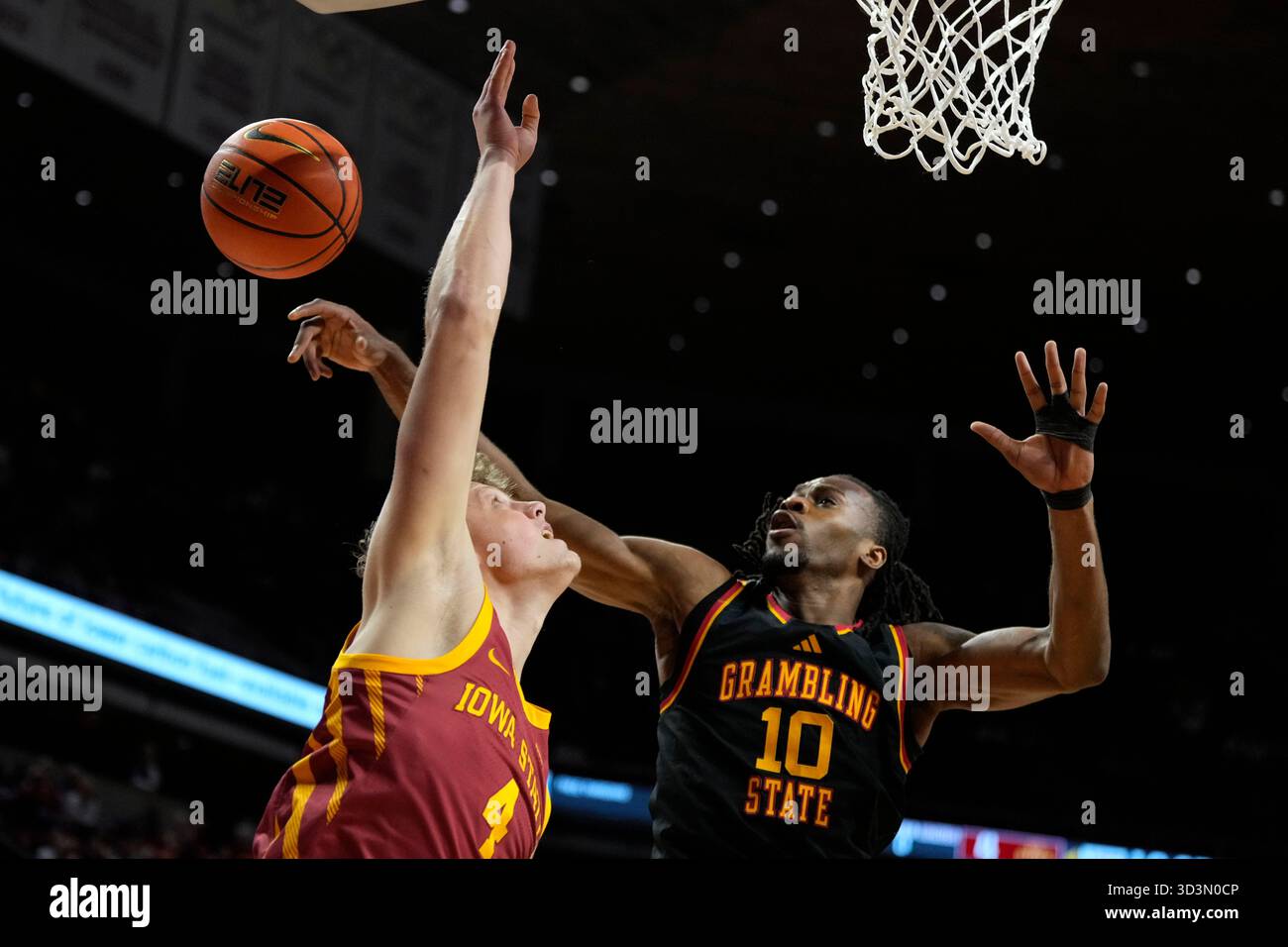 Grambling State forward Richard Amaefule (10) blocks a shot by Iowa ...