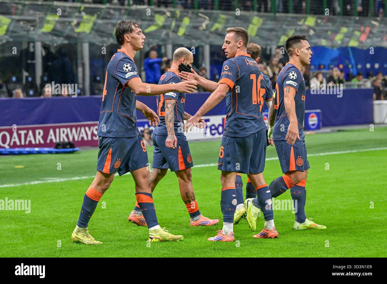 Players of Inter celebrate a goal during the UEFA Champions League ...