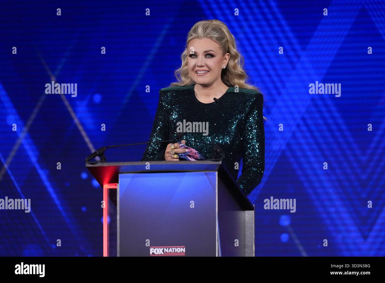 Erika Kirk reacts after she received the Charlie Kirk Legacy Award during the FOX Nation Patriot ...