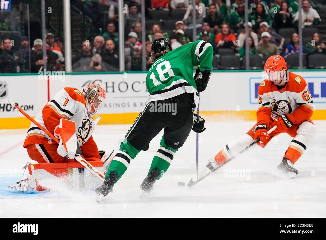Anaheim Ducks' Lukas Dostal (1) and Jacob Trouba (65) defend against ...