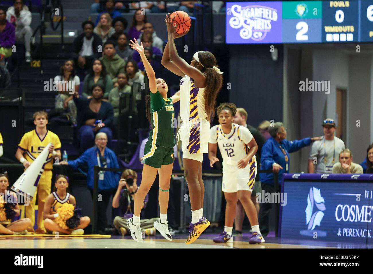 LSU Tigers guard Flau'Jae Johnson (4) shoots a three-pointer over Southeastern Louisiana Lady ...
