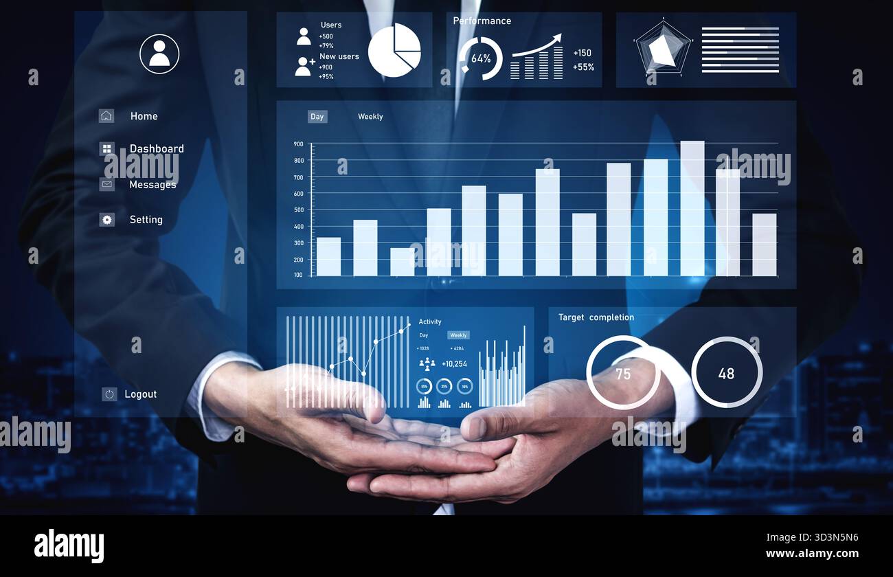 Business Professional Presenting Data Visualization on Transparent ...