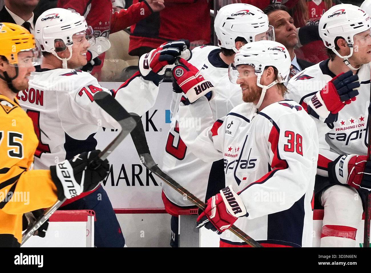 Washington Capitals' Rasmus Sandin (38) returns to the bench after ...