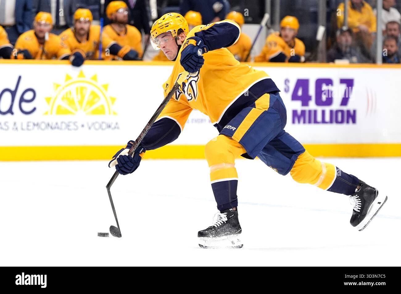 Nashville Predators defenseman Justin Barron (20) breaks his stick as ...
