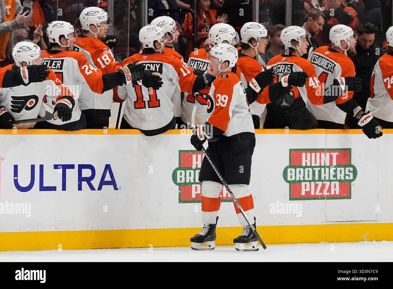 Philadelphia Flyers right wing Matvei Michkov (39) celebrates his goal ...