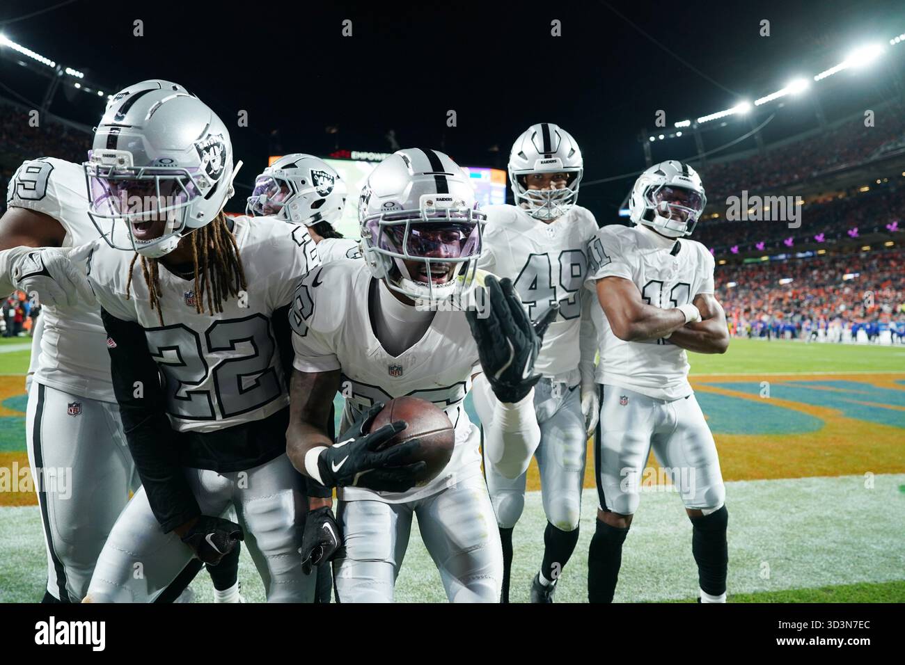 The Las Vegas defense celebrate Las Vegas Raiders cornerback Kyu Blu ...