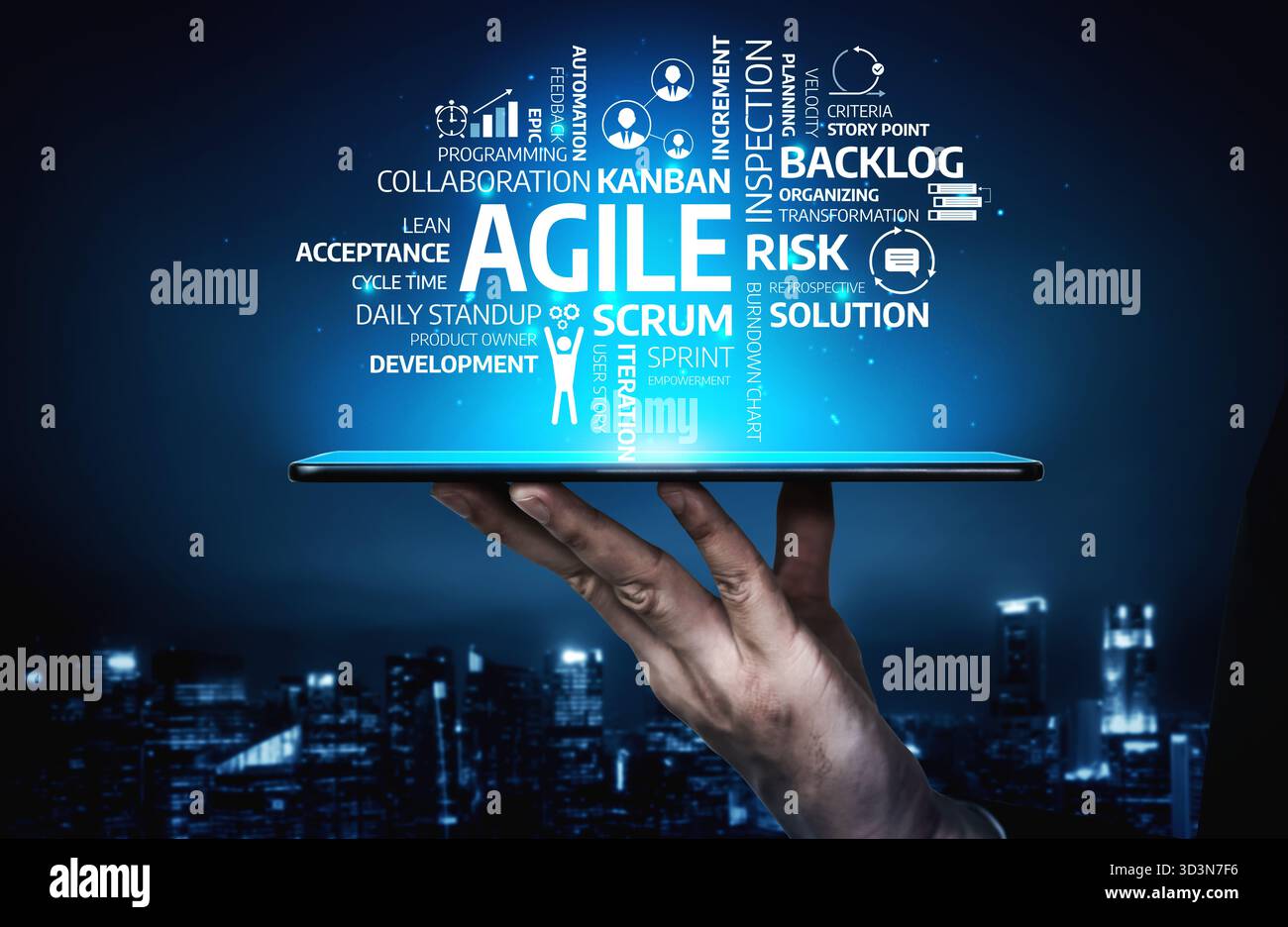 A dynamic representation of agile methodology concepts featuring a hand ...
