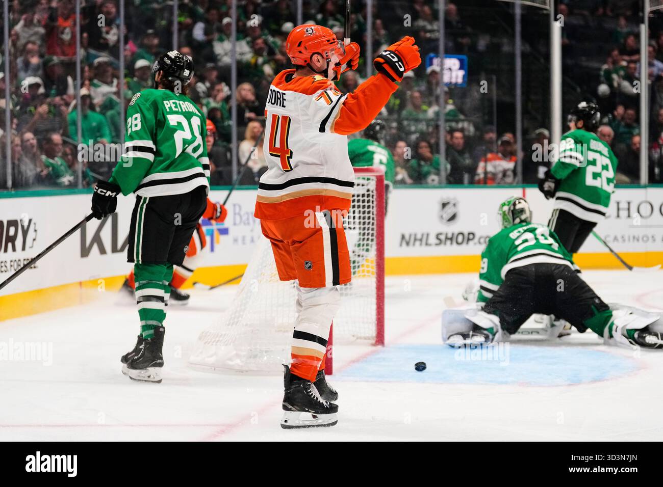 Anaheim Ducks' Ian Moore (74) celebrates after scoring as Dallas Stars ...