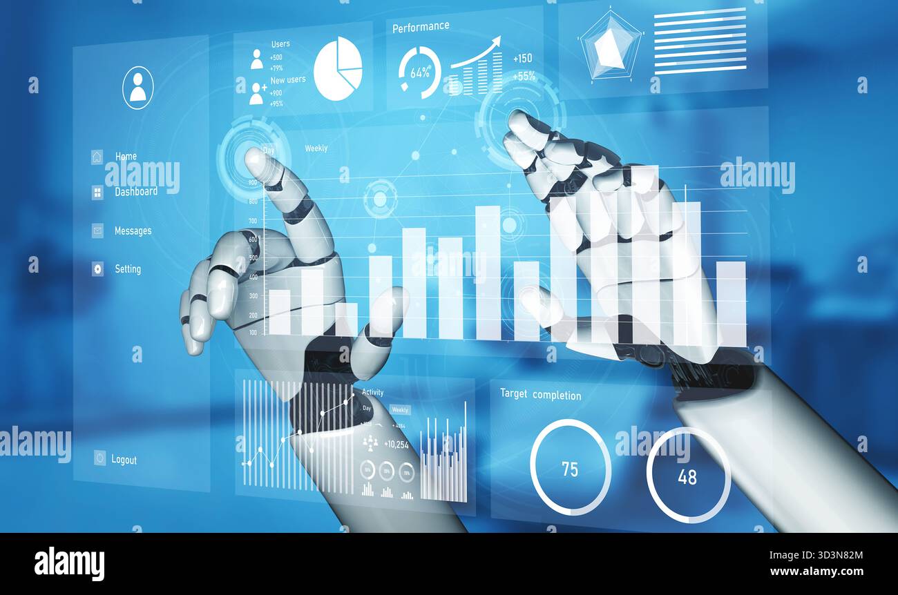 Futuristic Robotic Hands Interacting with Digital Data Visualizations on a Transparent Screen in ...