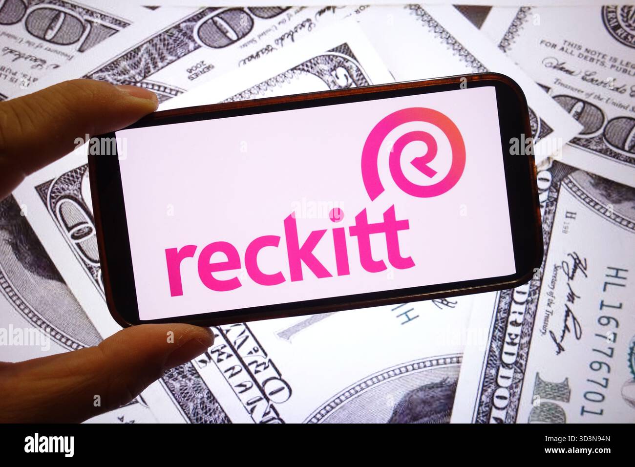 In this photo illustration, the Reckitt Benckiser company logo is seen ...
