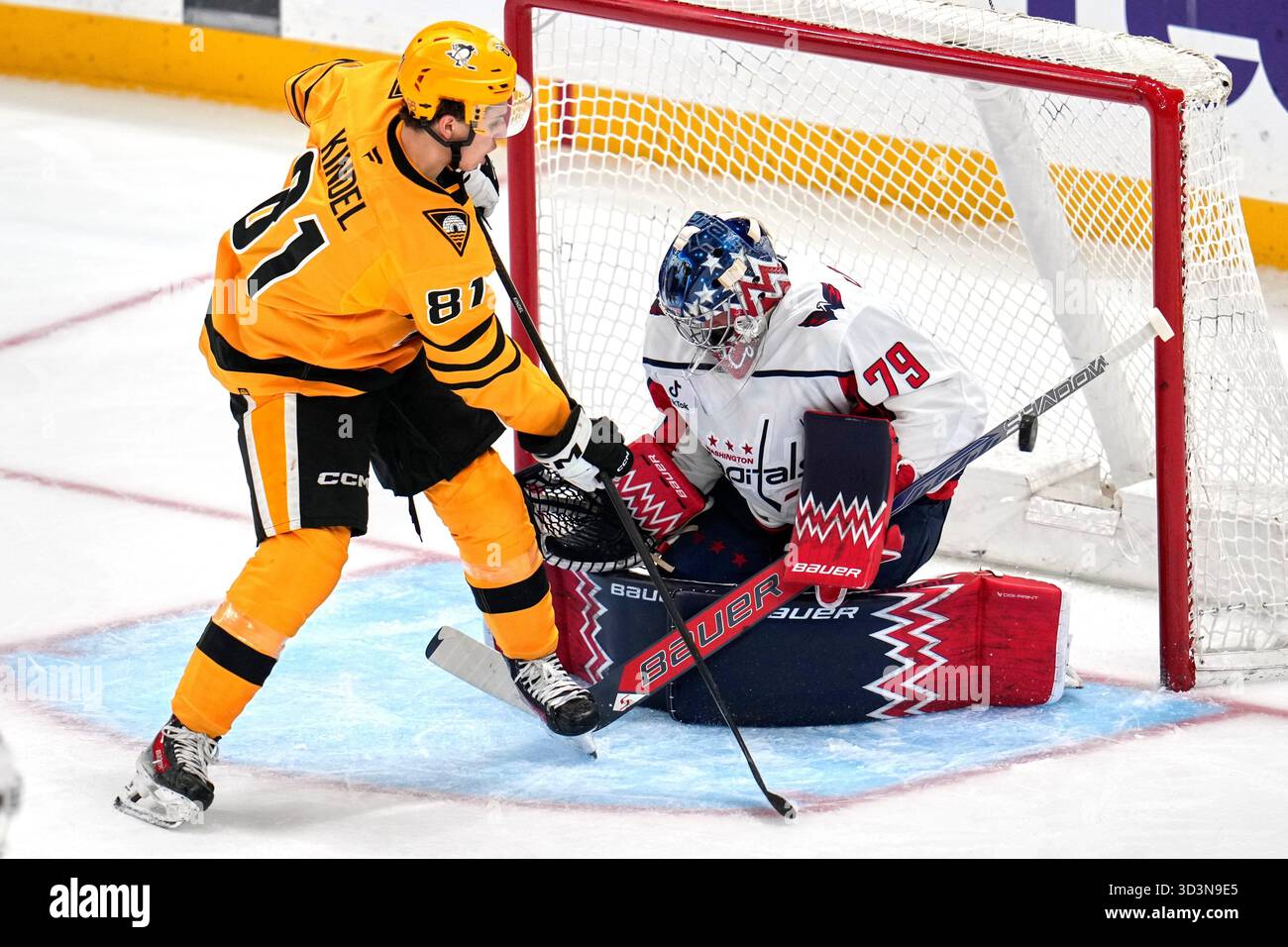 Washington Capitals goaltender Charlie Lindgren (79) blocks a shot by ...