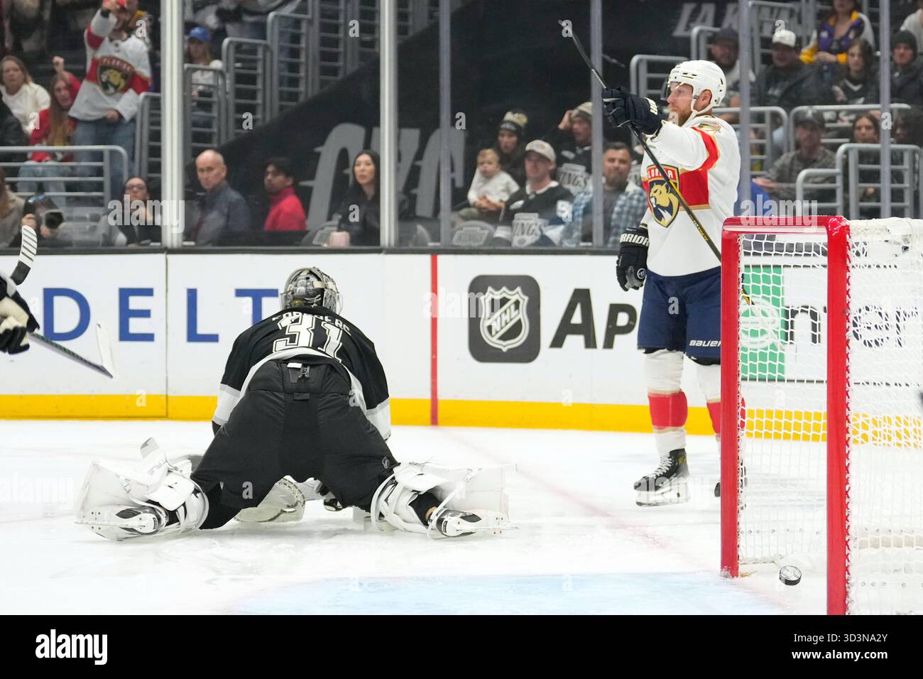 Florida Panthers center Sam Bennett, right, celebrates his goal as Los ...