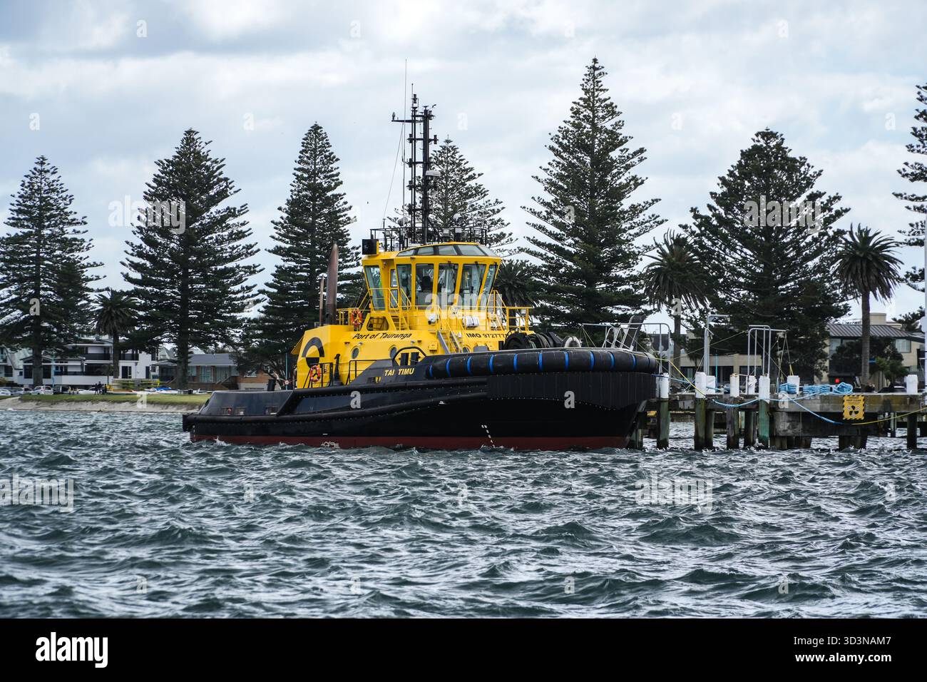 The Tai Timu tugboat, painted yellow and black, docked in the choppy ...