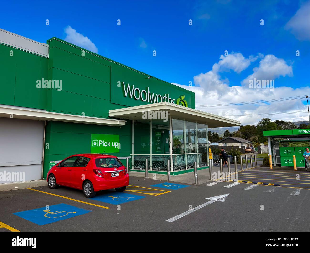 Woolworths supermarket in New Zealand, featuring the green facade, main ...