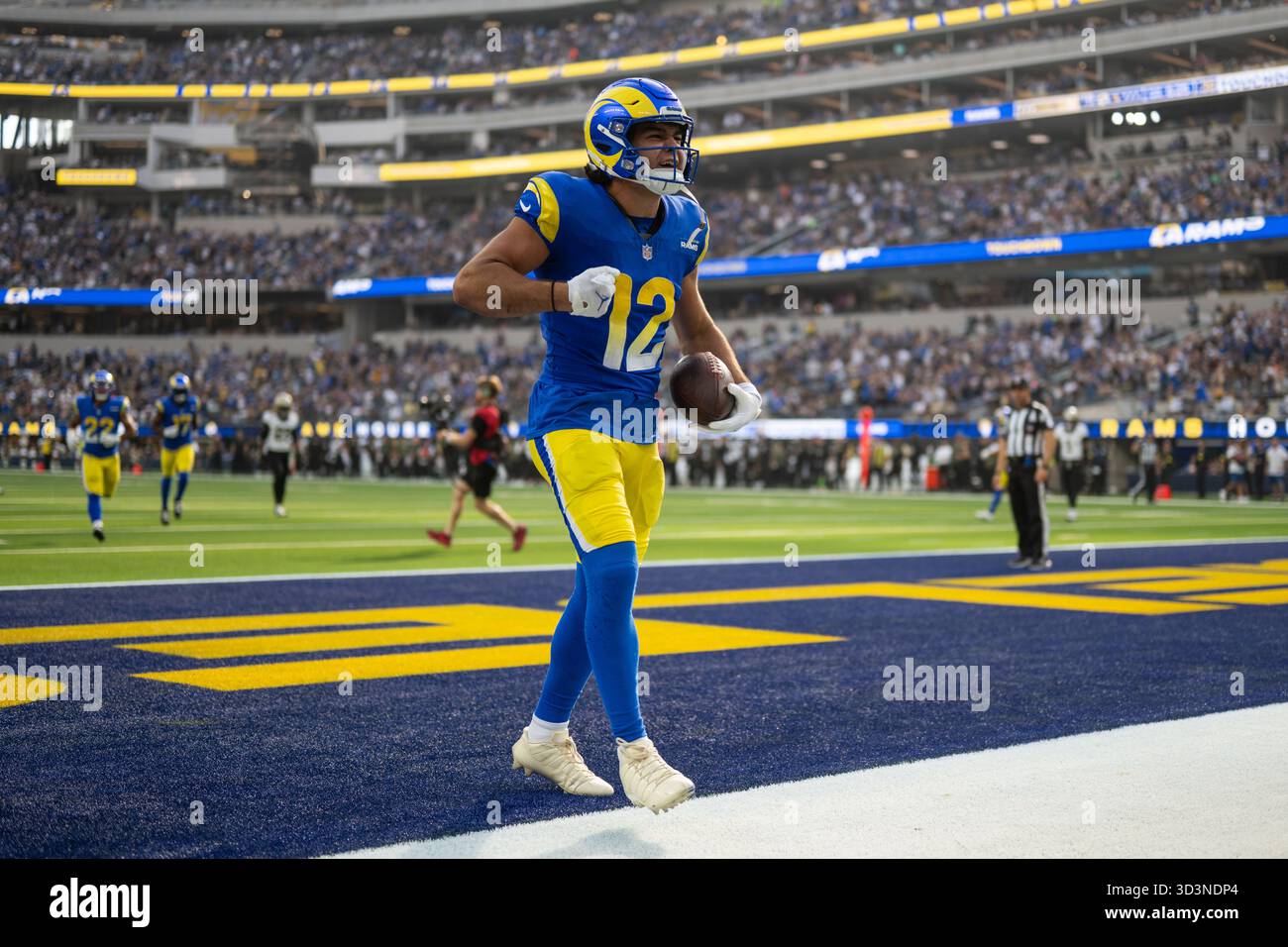 Los Angeles Rams wide receiver Puka Nacua (12) celebrates his touchdown ...