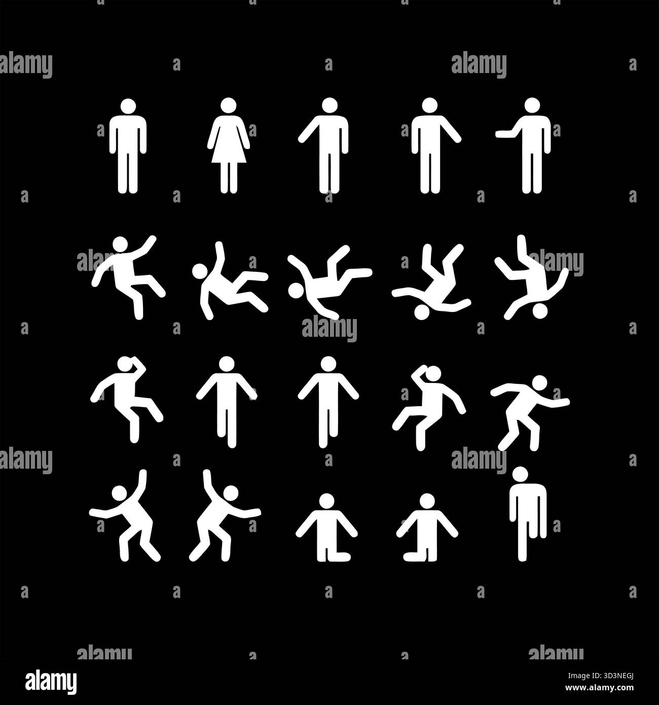 White silhouette stick figures demonstrating different body positions ...