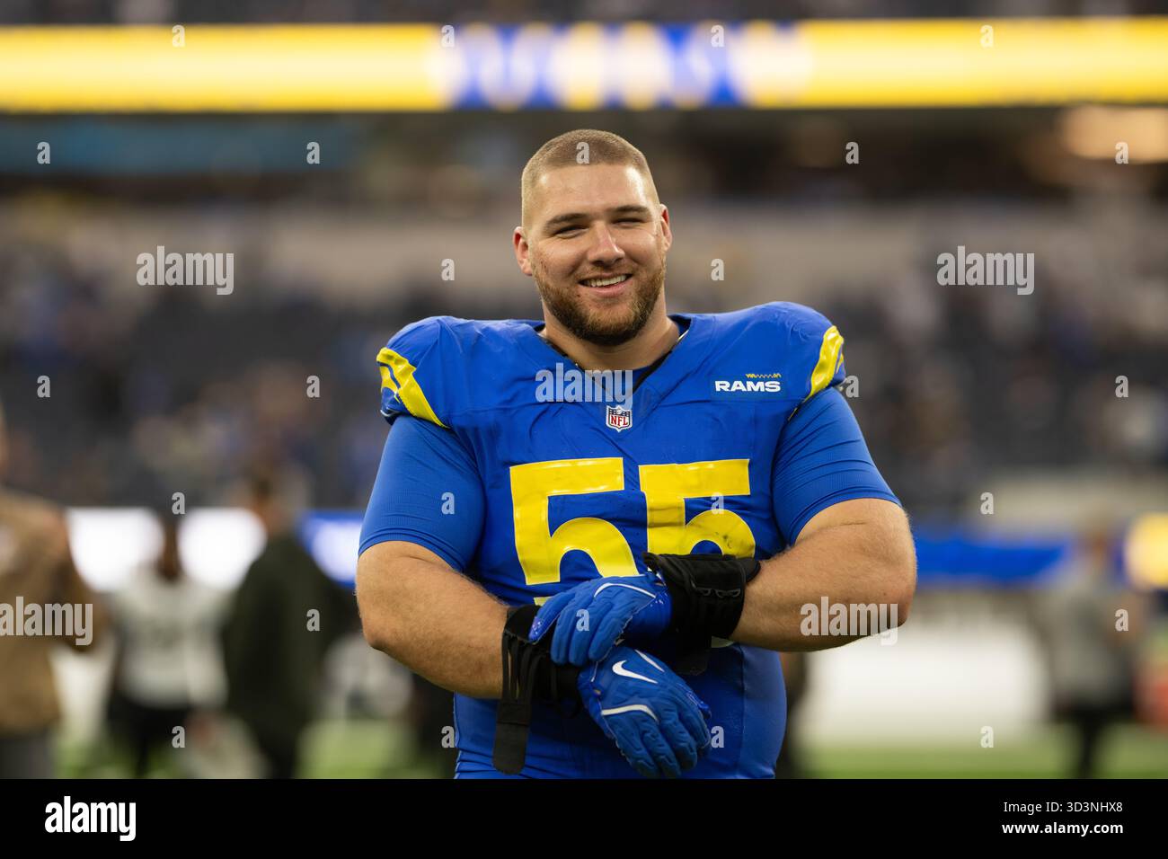 Los Angeles Rams defensive end Braden Fiske (55) walks back to the ...