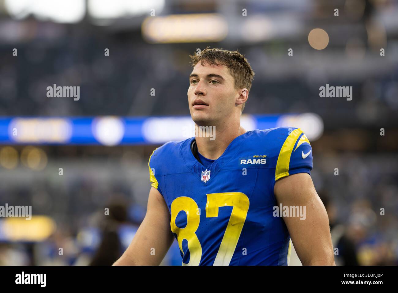 Los Angeles Rams tight end Davis Allen (87) walks back to the locker ...