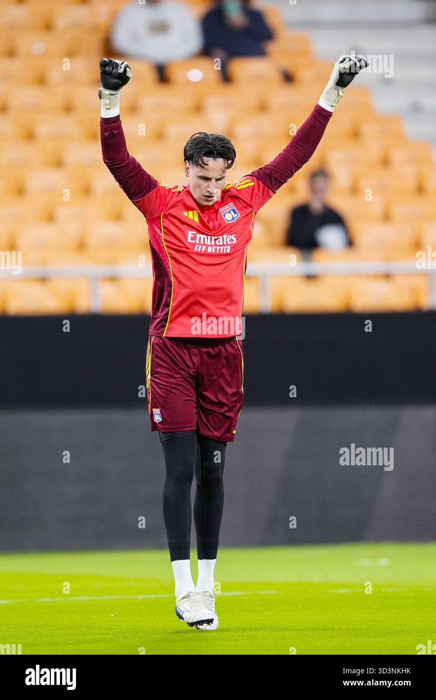 Goalkeeper Remy Descamps of Lyon warms up during the UEFA Europa League ...