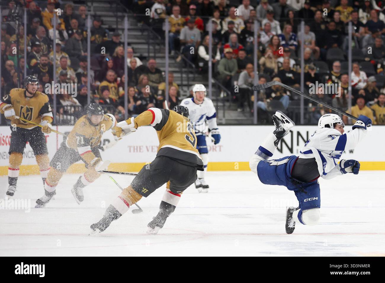 Vegas Golden Knights defenseman Jeremy Lauzon (5) trips Tampa Bay ...