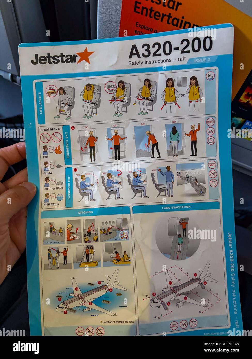 Jetstar A320-200 aircraft safety instruction card detailing procedures ...