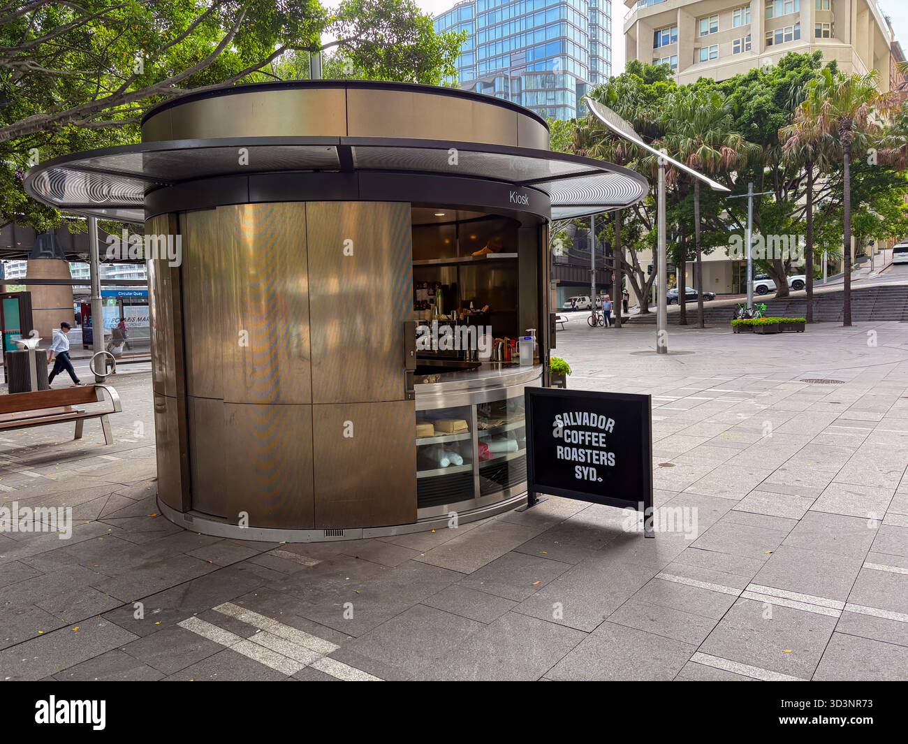 Coffee kiosk, a modern, circular, metallic structure in a Sydney ...