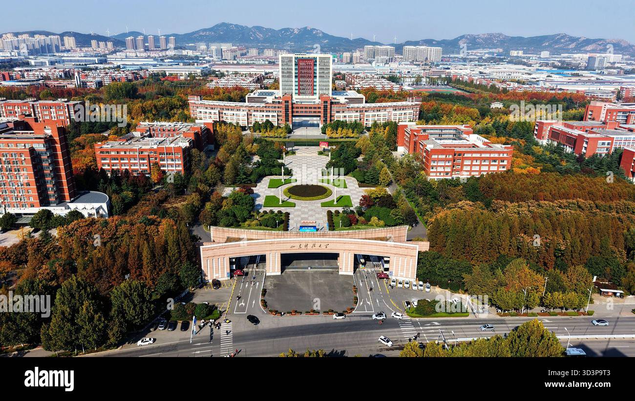 Aerial photo shows the autumn scenery of Shandong University of Science ...
