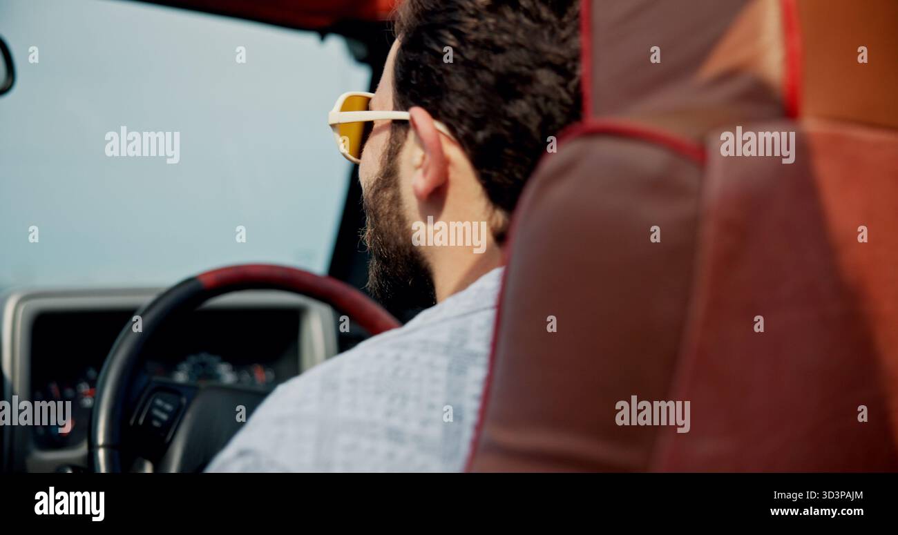 Driving, travel and back of man in car for holiday destinations ...