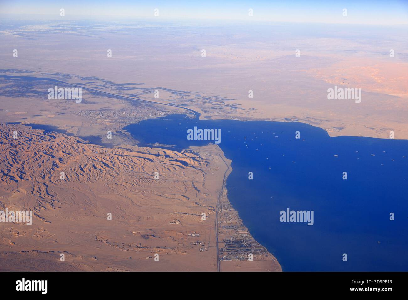High altitude view of the Suez gulf and canal in Egypt from an airplane ...