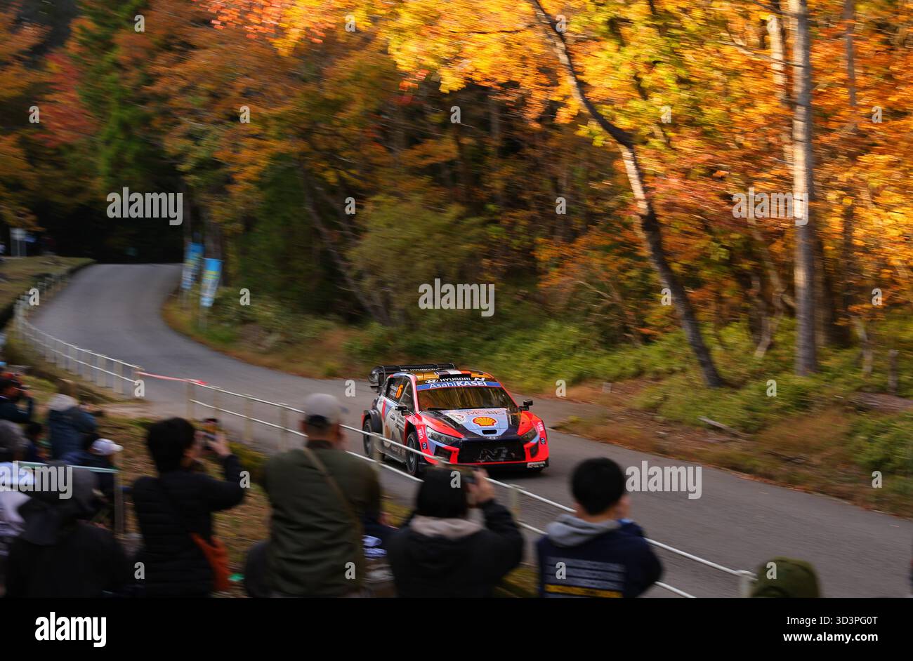 A car drives on the course of Inabu Shitara during WRC Forum 8 Rally ...